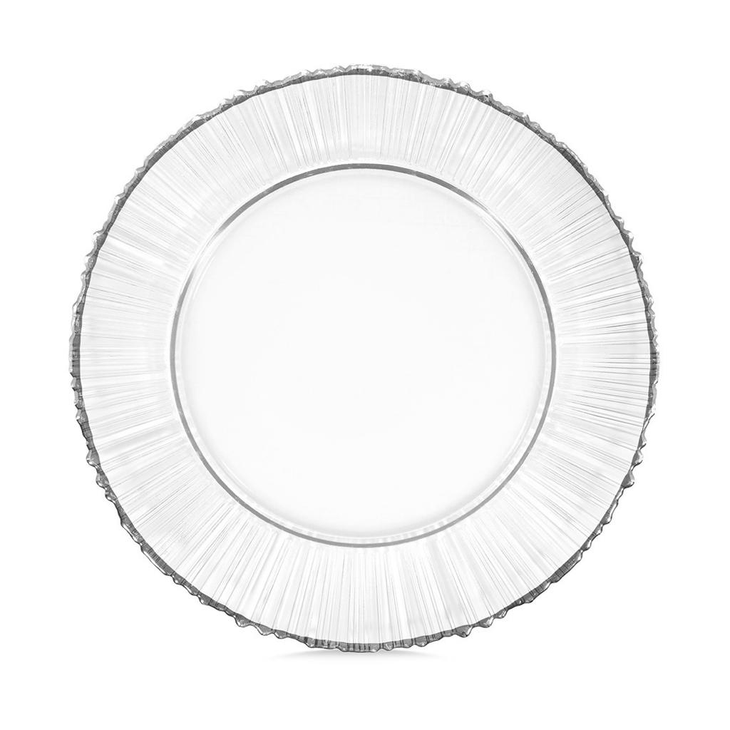 Designed Clear Charger With Silver Rim – Silver Spoon Party Rental